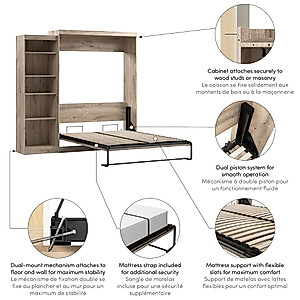 Bestar Pur Queen Murphy Bed and Shelving Unit with Drawers, 90-inch Space-Saving Sleeping Arrangement in Rustic Brown