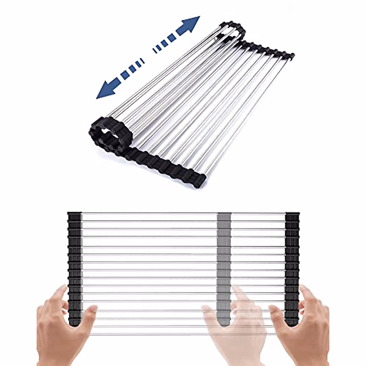 Chixapopimo Roll up Dish Drying Rack Retractable 11" to 20" x 13'' Foldable Rolling Dish Drainer Over The Sink Drying Rack SUS304 Stainless Steel Sink Rack for Kitchen Counter of Various Sizes