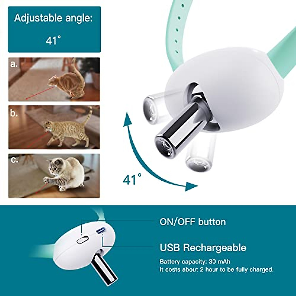 HOM-outdeer Cat Toys LED Pointer, Cats Chaser Wearable Automatic Cat Toys Collar,Interactive Pet Training Exercise Tool,USB Rechargeable Amusing Collar,Upgraded Lengthened Light Head