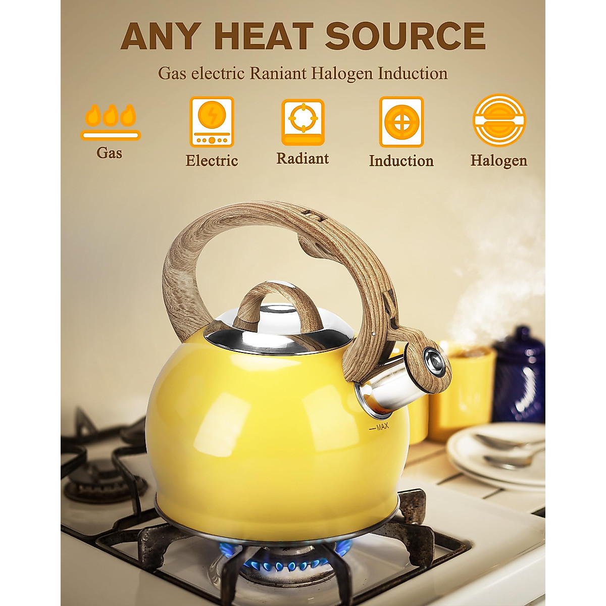 Hauce Radio Stovetop Tea Kettle, 2.1 Quart Stove Top Whistling Tea Kettles,Water Teapot Induction Tea Kettle with Food Grade Stainless Steel and Silicone Anti-Hot Handle, Suitable for All Heat Sources