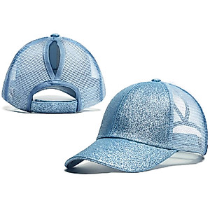 Anna-Kaci Womens Baseball Cap Glitter Ponytail Hat High Messy Bun Ponycap Trucker Dad Hat, Blue