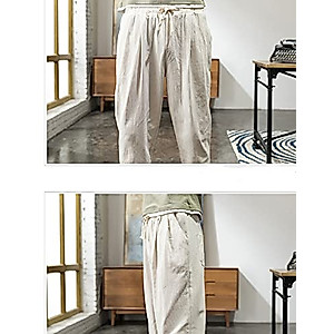 Zontroldy Men's Pants Cotton Linen Yoga Golf Beach Jogger Sweat Lounge Harem Pants Trousers(0009-Khaki1-L)