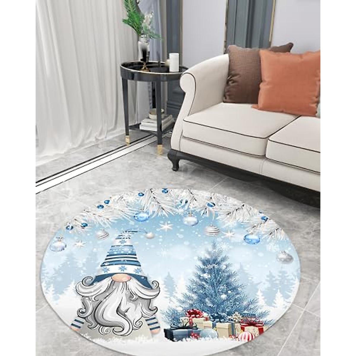 Christmas Fluffy Round Area Rug Carpets 5ft, Plush Shaggy Carpet Soft Circular Rugs, Non-Slip Fuzzy Accent Floor Mat for Living Room Bedroom Nursery Home Decor Winter Gnomes Xmas Silver Tree Pine Blue