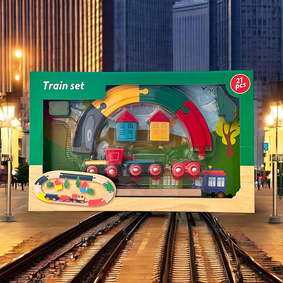 21 Pc Starter Wooden Train Set - Train Tracks & Accessories, Magnetic Trains Cars for Toddlers & Older Kids - Compatible with Major Brand Train Sets