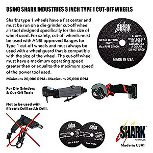 Shark Industries PN-26-6 Die Grinder Cut-Off Wheels - 6 Pack, 3-Inch x 1/32” x 3/8” Shark Type-1 Double-Reinforced Thin Wheels, 54 Grit, Maximum RPM 25,000 (6 Cutting Discs)