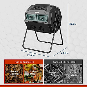 EAST OAK Compost Tumbler Outdoor, 43-Gal Dual Chamber Compost Bin with 2 Sliding Door and Aeration System, Tumbling Rotating Composter Bin for Kitchen, Garden, Yard