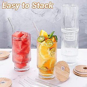 AKONEGE Ribbed Glassware Drinking Glasses with Lid and Straws, 12oz Ribbed Glass Cups Vintage Fluted Glassware Set of 4, Iced Coffee Cup, Coffee Bar Accessories for Whiskey Cocktail Beer Coffee Tea