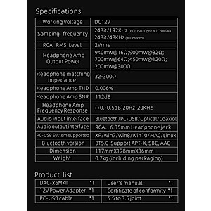 KGUSS FX-Audio DAC-X6 MKII Bluetooth 5.0 Digital Audio Decoder DAC 24-bit/192kHz USB/Coaxial/Optical Headphone Amp Mini HiFi Pre-Amplifier Black