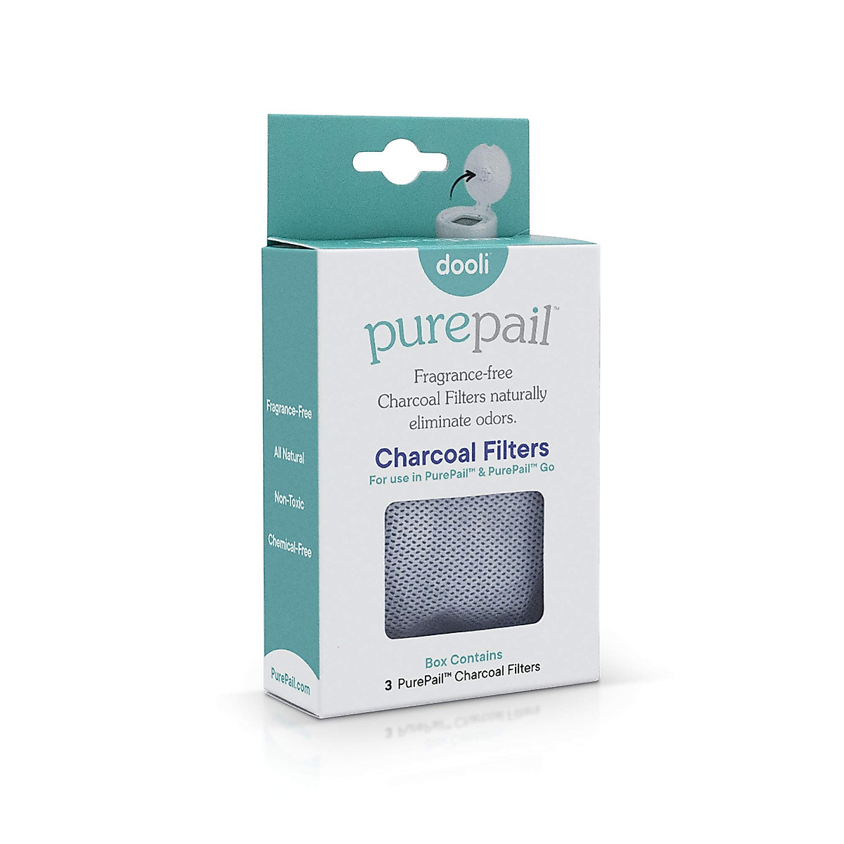 PurePail Charcoal Filters — 3 Count — Absorb and Naturally Eliminate Odors — Fragrance and Chemical Free — Non-Toxic — Fits PurePail Classic and PurePail Go — Replace Every 30 Days —3 Month Supply