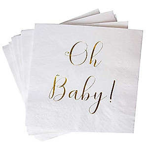 Baby Shower Napkins - 50 Pack White Disposable Paper Luncheon Cocktail Napkins with Gold Foil "Oh Baby!" Folded 6.5"x6.5" for Baby Shower Party