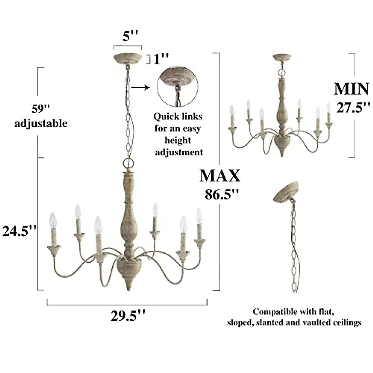LNC French Country Chandeliers Wood 6 Lights Rust Arms for Dining, Bedroom, Living Room and Bathroom, Brown