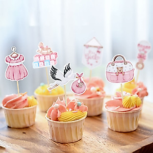Gyufise 36Pcs Baby Shower Girl Cupcake Toppers Swan Pacifier Cloud Moon Star Baby Girl Cupcake Picks Oh Baby It's a Girl Cake Decorations for Baby Shower Kids Girls Birthday Party Supplies Pink