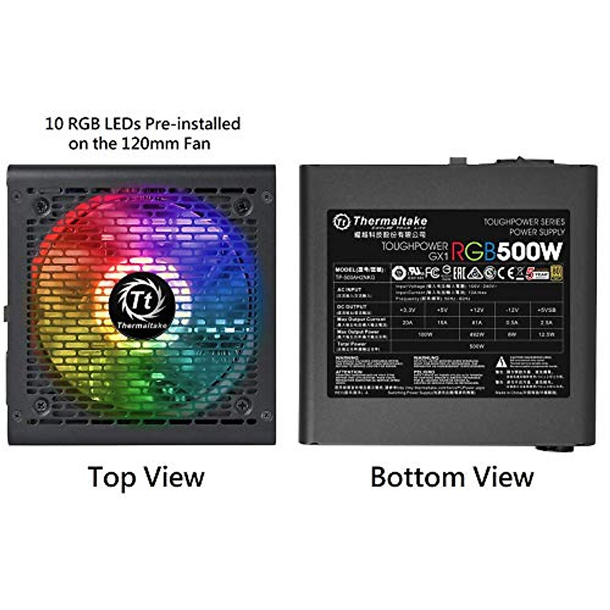 Thermaltake Toughpower GX1 RGB 500W Gold SLI/ CrossFire Ready Continuous Power RGB LED ATX12V v2.4 / EPS v2.92 80 PLUS Gold Certified 5 Year Warranty Non Modular Power Supply PS-TPD-0500NHFAGU-1