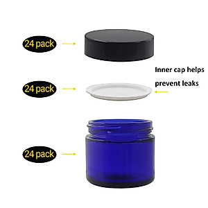 BPFY 24 Pack 2 oz Round Blue Glass Cosmetic Jars with Inner Liners and Black Lids, Travel Jars, Refillable Containers for Makeup, Cream, Lotion, Sugar Scrubs, Eye Shadow, Slime, Paint, Jewelry