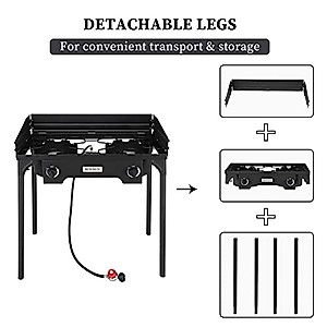 ROVSUN 2 Burner Outdoor Propane Gas Stove with Windscreen, 150,000 BTU High Pressure Stand Cooker for Backyard Cooking Camping Home Brewing Canning Turkey Frying, 20 PSI Regulator