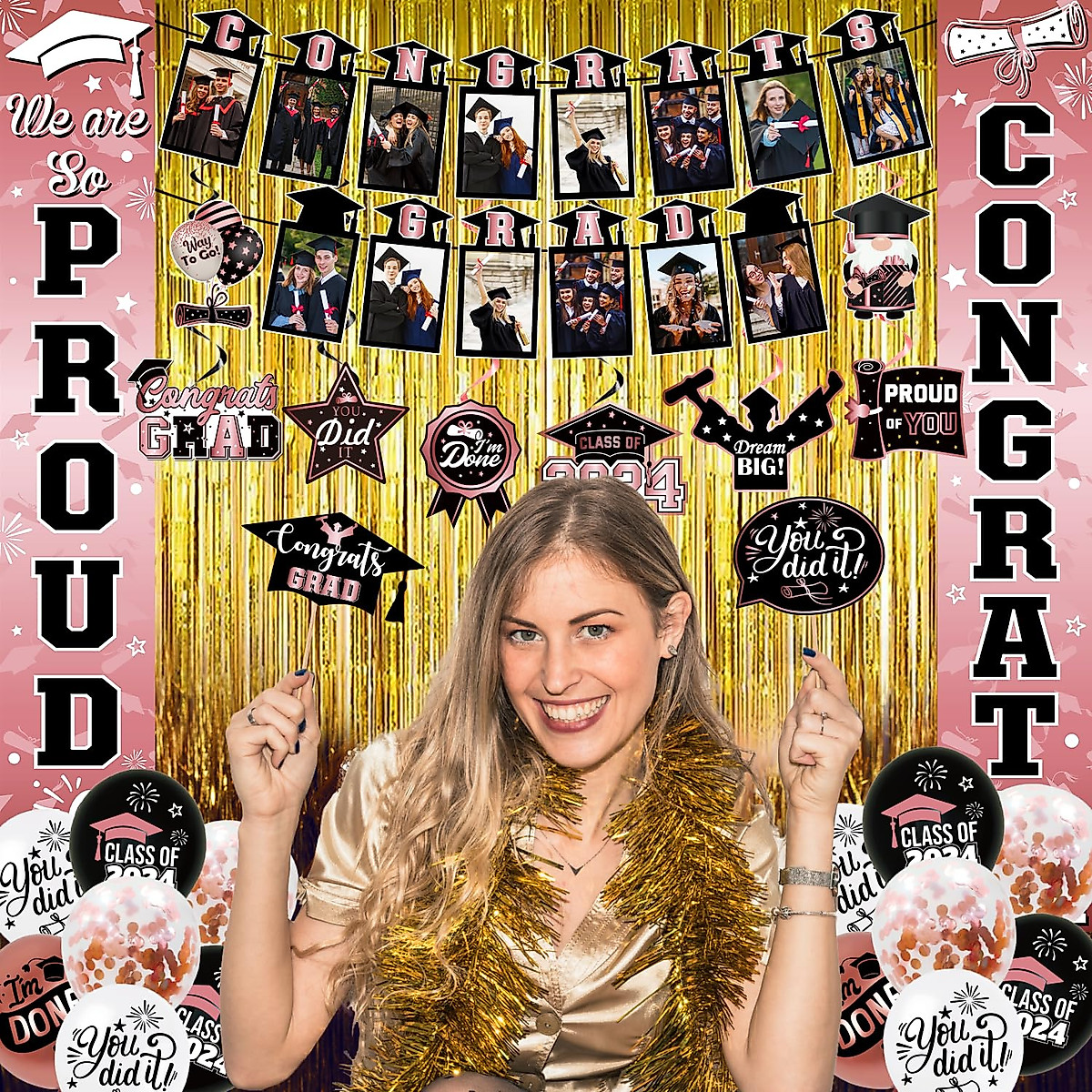 2024 Pink Graduation Decorations, Pink Graduation Banner Class of 2024 Pink and Black Graduation Party Supplies Balloons Graduation Photo Props Decorations Class of 2024 Pink Congrats Grad 2024