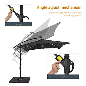 Bonosuki 8.2 x 8.2′ LED Patio Offset Umbrella With a Base, Outdoor Hanging Umbrella for Yard, Poolside and Deck,Black