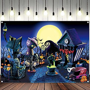 ZTHMOE 7x5ft Halloween Nightmare Themed Party Photography Backdrop Pumpkin Moon Town Background Birthday Baby Shower Christmas Party Decorations Photo Tapestry Props