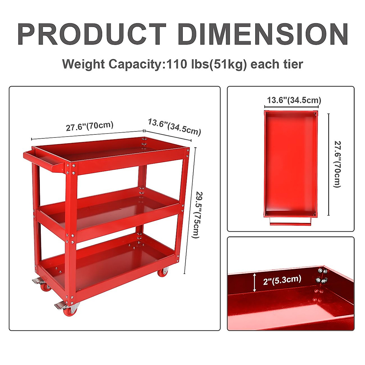 LFGUD 3-Tier Commercial Utility Cart with Brake Wheels, Sturdy Steel Construction, 110 lbs Capacity, Red