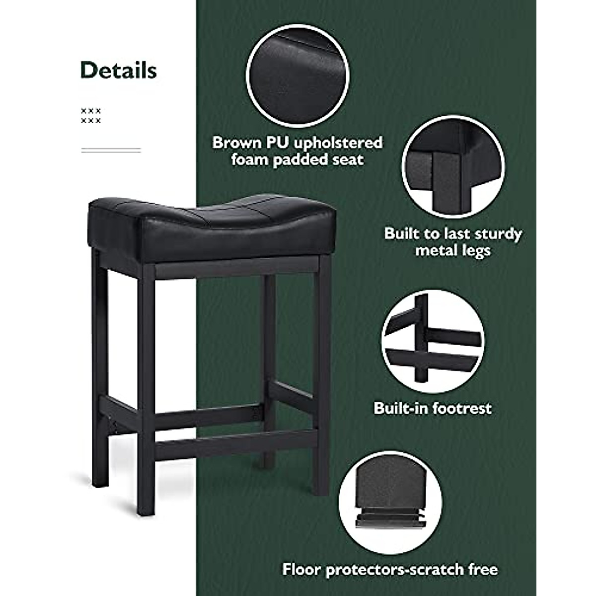 KATDANS Bar Stools Set of 2 - Counter Height Stools - 24 Inch Saddle Stool - PU Leather Kitchen Stools - Black Seat - Black Metal Base, KS861P-Black