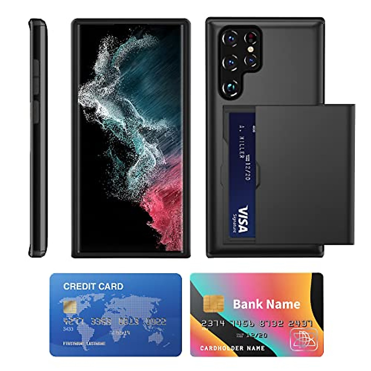 Compatible with Samsung Galaxy S23 Ultra Case Wallet with Card Holders Slide Slot Shockproof Slim Hard PC Case Heavy Duty Protective Cover for Samsung Galaxy S23 Ultra for Women & Men (Black)