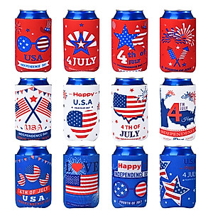 4th of July Decorations, 12PCS Beer Can Cooler Sleeves for Fourth of July Independence Day Decor, Insulated Collapsible USA Pattern Can Cover for Memorial Day Patriotic Party Supplies Outdoor Indoor