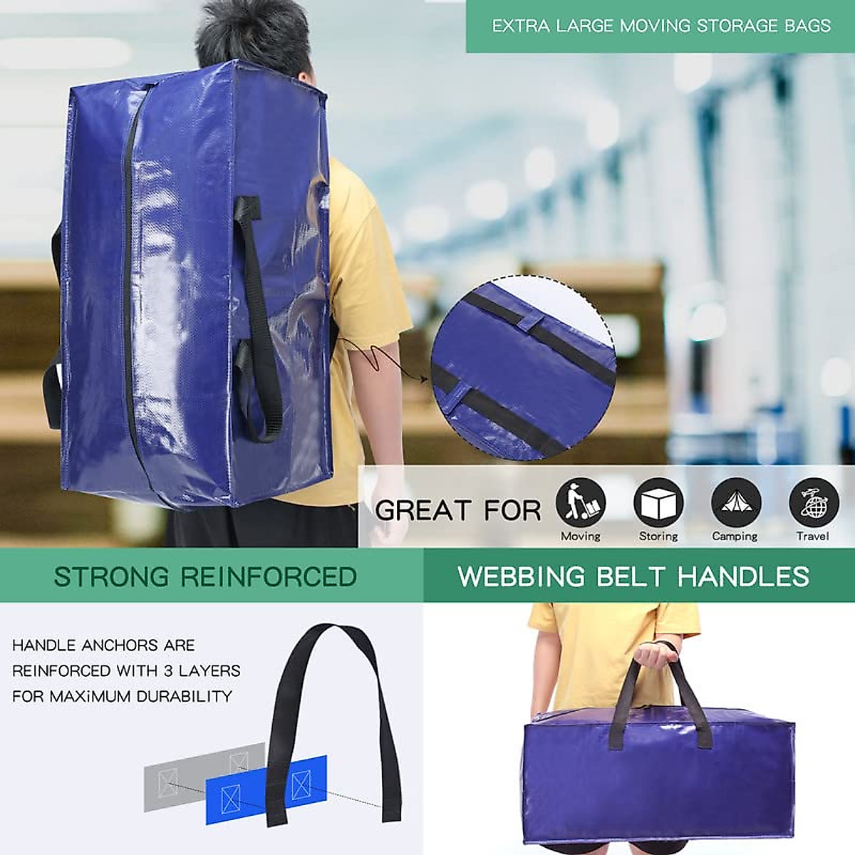 ATQTQ Extra Large Moving Bags Heavy Duty Storage Bags with Handles & Zippers, Dorm Moving Totes for Space Saving, College Packing Supplies for Clothes- Moving Box w/Backpack Straps(Dark Blue, 8 Pack)