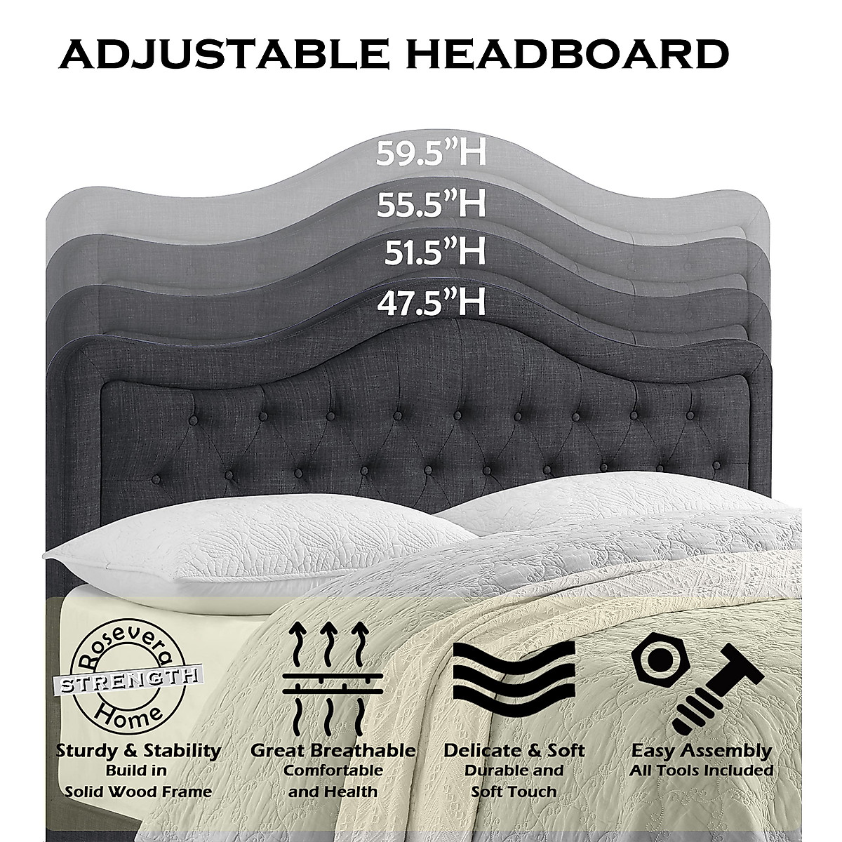 Rosevera Givana Rosever Upholstered Tufted Headboard with Adjustable Height for Bedroom, Queen, Linen Gray