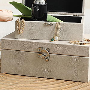 DECOR4SEASON Faux Shagreen Leather Decorative Storage Boxes Set of 2, Ivory