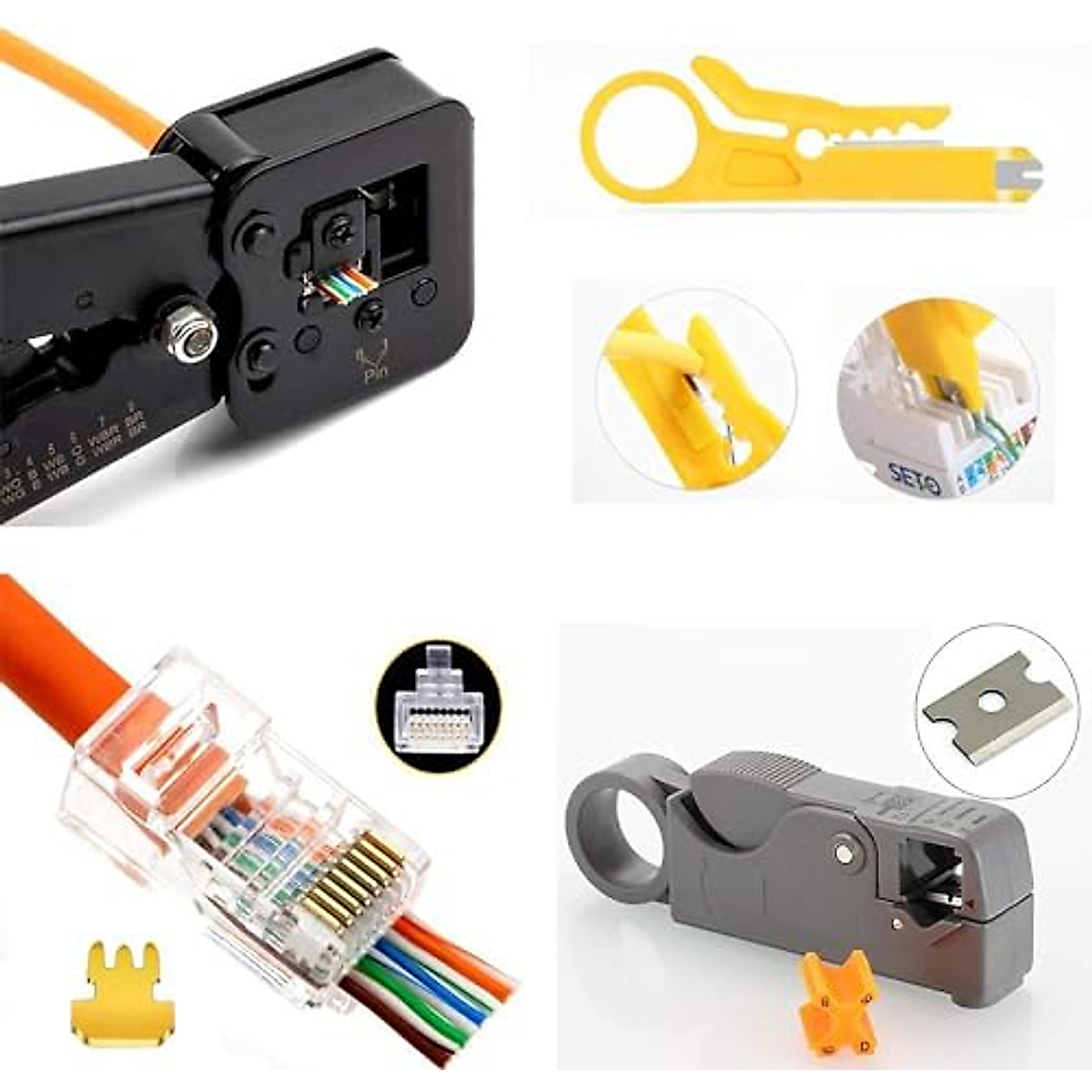 RJ45 Crimp Tool Kit Pass through Ethernet Crimper kit for Cat5 Cat5e Cat6,RJ45 Crimping Tool with 50PCS Connectors, 50PCS Covers,1 Wire Punch Down Cutter and 1 Network Cable Test(9V Battery Included)