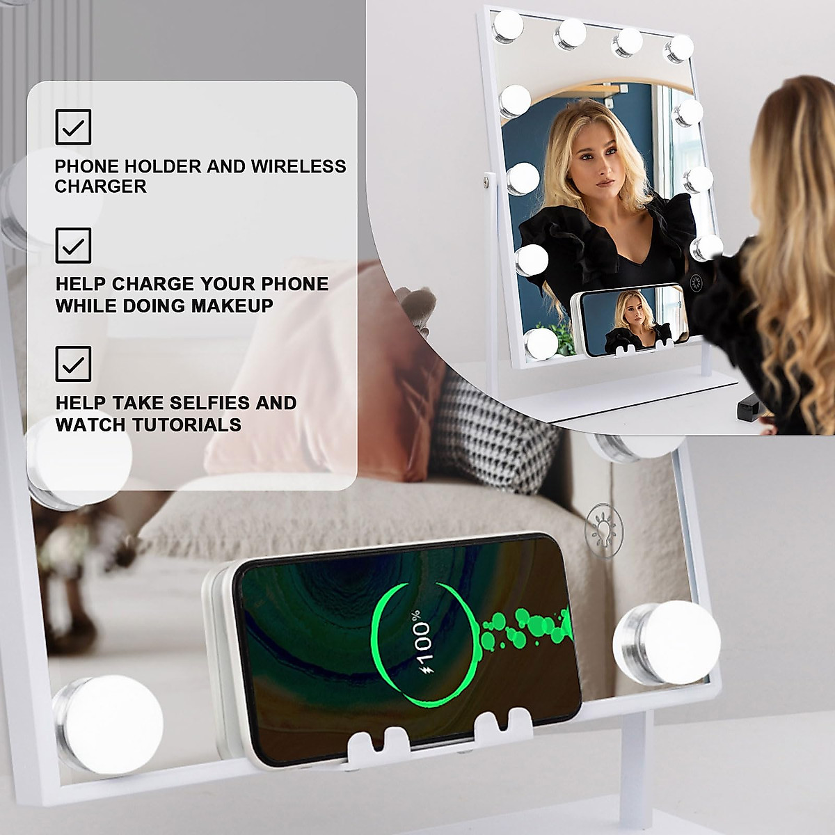 Fenair Hollywood Vanity Mirror with Lights Speaker and Wireless Charging Lighted Makeup Mirror with 12 LED Lights Upgrated Hollywood Mirror with Dimmable Lights