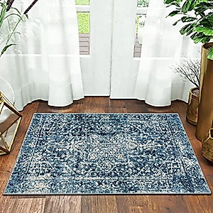 Morebes Persian Vintage Area Rug 2x3, Washable Small Indoor Door Mat Traditional Medallion Entryway Rug,Non-Slip Non-Shedding Kitchen Sink Throw Carpet for Bathroom Laundry Entrance,Deep Blue