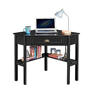 Topeakmart Home Office Writing Computer Desk with Shelves and Drawers, Corner Desk Laptop PC Table Working Station for Home Workers, Black