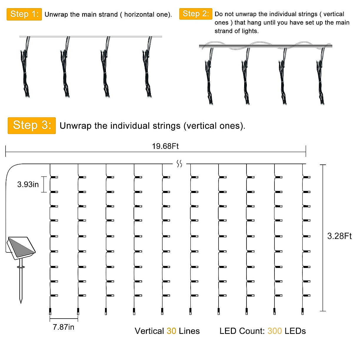 Purple Orange Solar Halloween Curtain Lights Outdoor 300 LED 19.6ft(L)x3.3ft(H) Vertically Extra Length Lights Curtain 8 Versatile Modes Waterproof for Halloween Holiday Decoration Fence Yard Garden