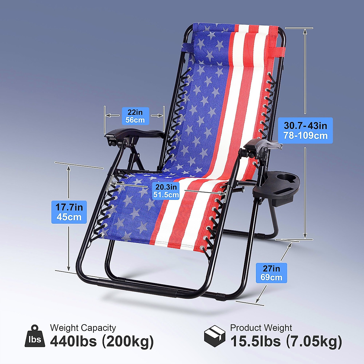 Colorsoul Zero Gravity Chairs Set of Two, Outdoor Adjustable Folding Reclining Lounge Chairs, with Head Pillow and Holder Tray, for Poolside Backyard and Beach (American Flag)