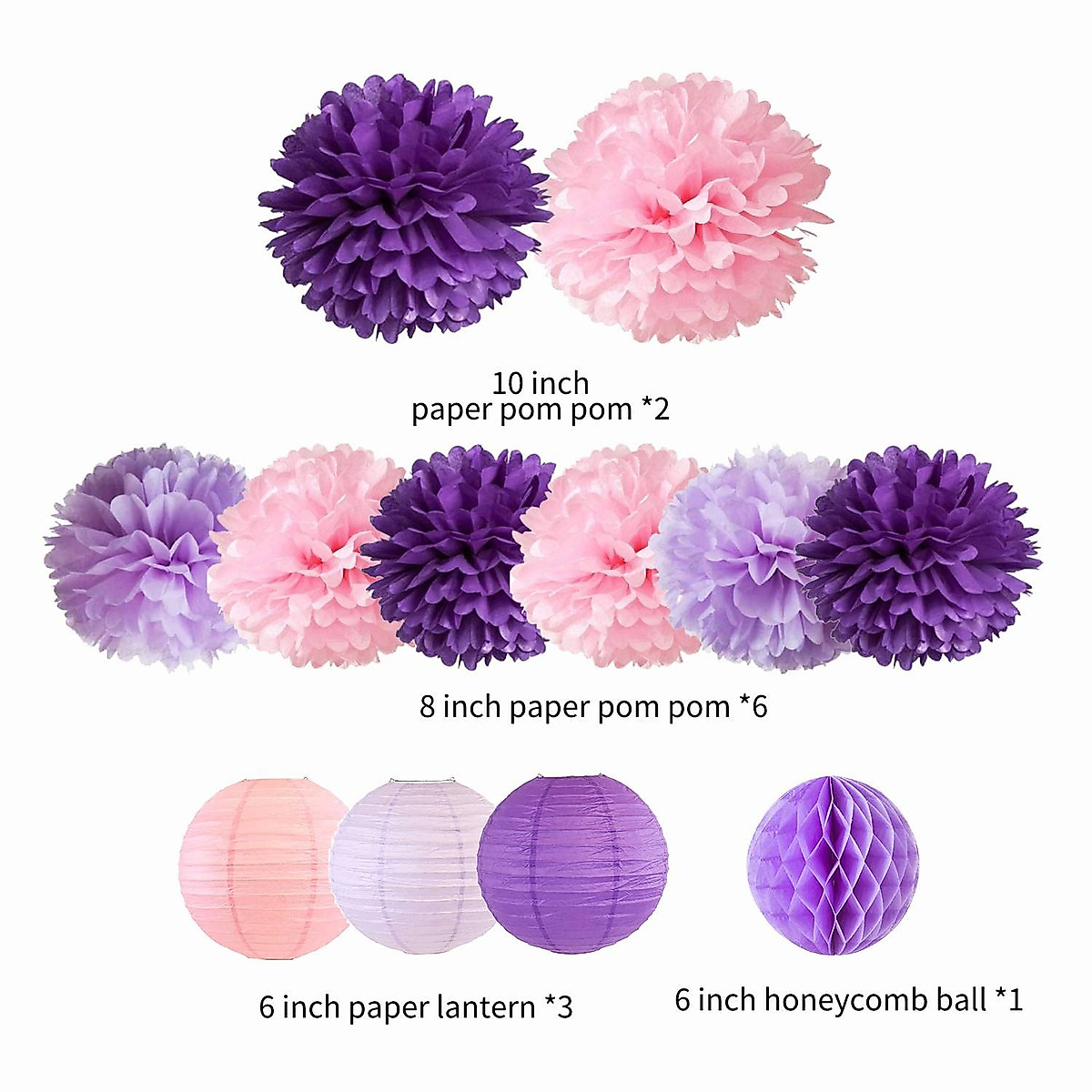 29 PCS Pink and Purple Party Decorations Set, Tissue Paper Pom Poms Paper Lanterns Honeycomb Balls Circle Dots Garland Butterfly Hanging Swirl Butterfly Decorations for Bridal Showers