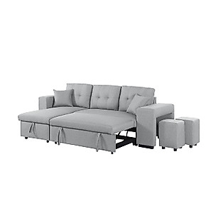 ERYE L-Shaped Reversible Sleeper Sectional Sofa W/Pull Out Couch Bed, Storage Chaise & Niche Shelves for Living Room, Modern Linen Upholstered Sofa&Couch Convertible Sleep Sofabed with 2 Stools