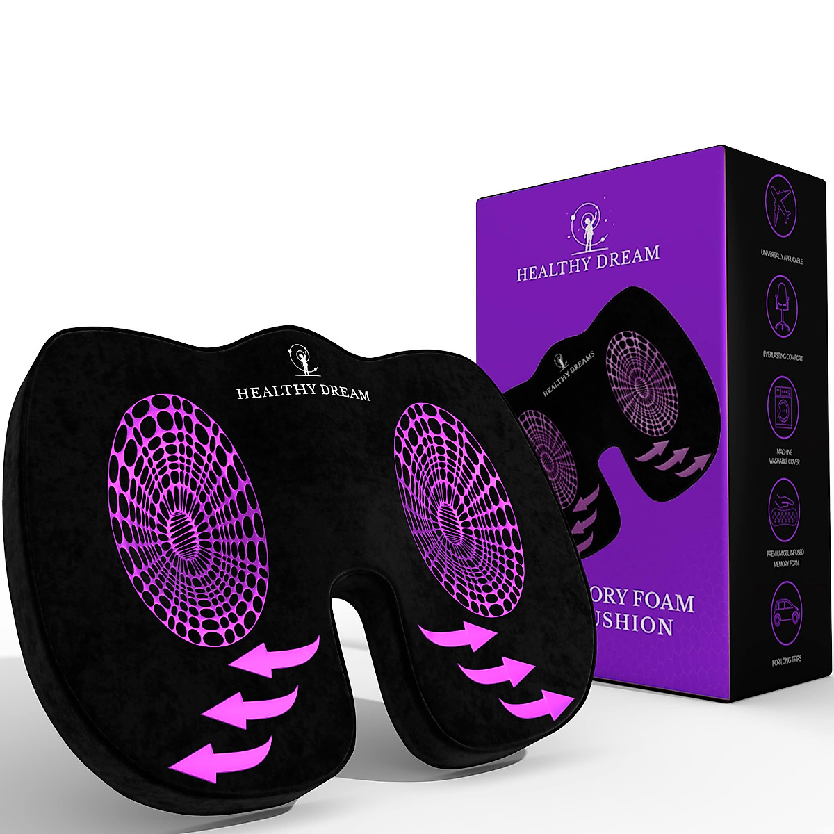 HEALTHY DREAM Office Chair Seat Cushion for Coccyx, Tailbone, Sciatica and Back Pain Relief; Orthopedic Support Memory Foam Cushion Contour Pillow; Comfortable Wheelchair and Gaming Chair Accessory