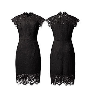 MEROKEETY Women's Sleeveless Lace Floral Elegant Cocktail Dress Crew Neck Knee Length for Party, Black, Large