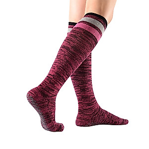 Teebulen Women's 3 Pairs Purple Anti Skid Non Slip Odor Control Grips Compression Knee High Yoga Pilate Fitness Socks Stocking,Size 5-10
