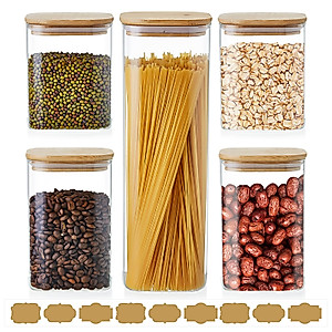 Unbreakable Overnight Oats Containers with Lids, Set of 5 Airtight Glass Jars with Bamboo Lids, Glass Food Storage Canisters for Cookie, Candy, Coffee Bean, Sugar, Spices, Dry Goods, Transparent