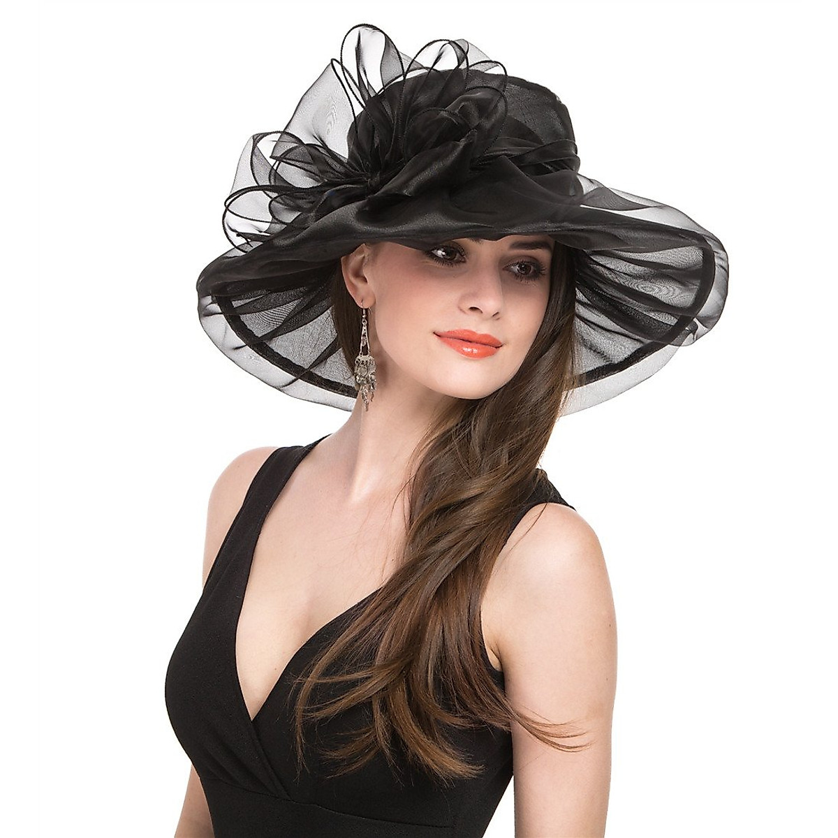 Lucky Leaf Women Church Cap Wide Brim Summer Sun Hat for Party Wedding(1-Black)