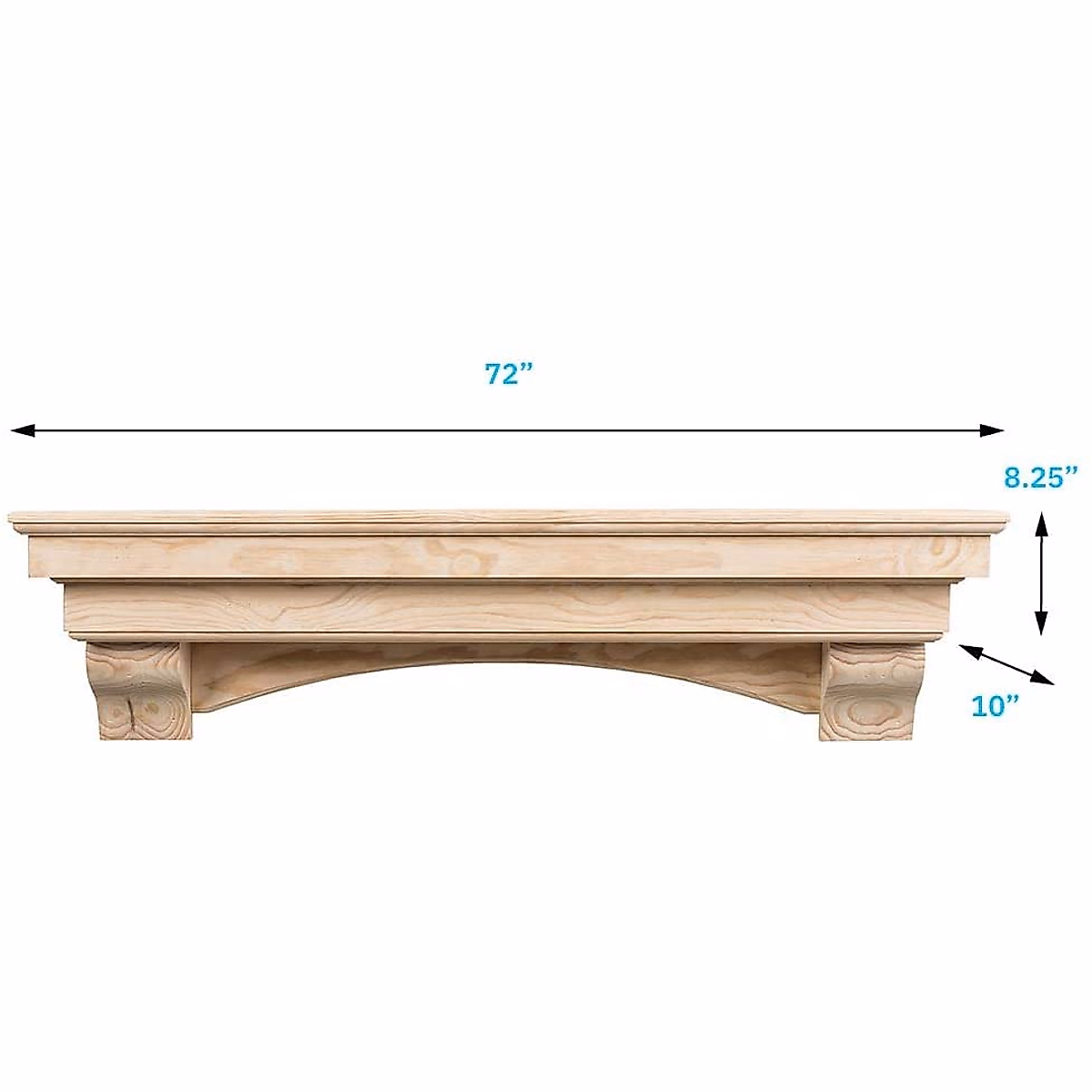 72 Inch Floating Fireplace Mantel Wood Shelf In Unfinished - Salem From Mantels Direct | Corbel Bracket Arches Included | Wooden Rustic Wall Shelf Perfect for Electric Fireplaces and Décor