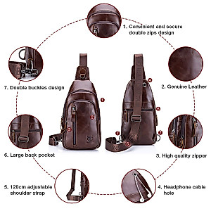 Sling Bag, Leather Chest Bag Crossbody Shoulder Business Backpack Outdoor Coffee