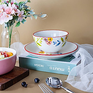 AwakingWaves Funny Hand Painted Flower Ceramic Pasta Bowls for Fruit, Salad, and Soup, Cute Candy Snack Porcelain Round Serving Striped Bowl for Kitchen, Vibrant Color Restaurant Party Decor (red)