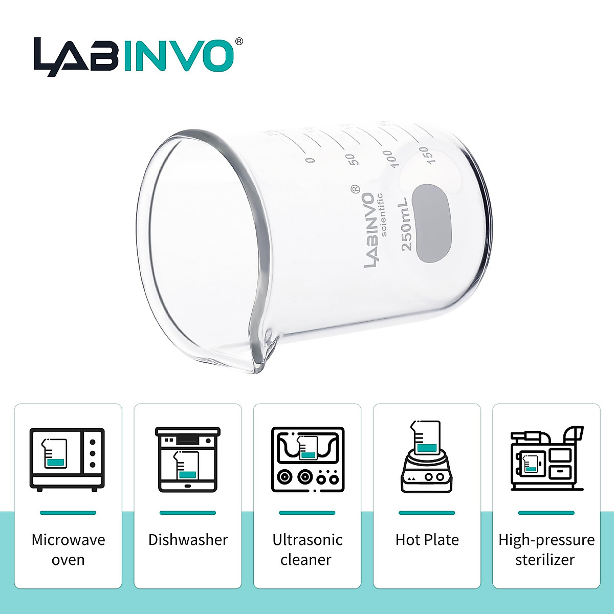 LABINVO Heavy-Duty Glass Beaker Set, 10pcs of Vol.250ml, 3.3 Borosilicate Glass, Thickened Beakers, with Double Scale, IN-HBK250B