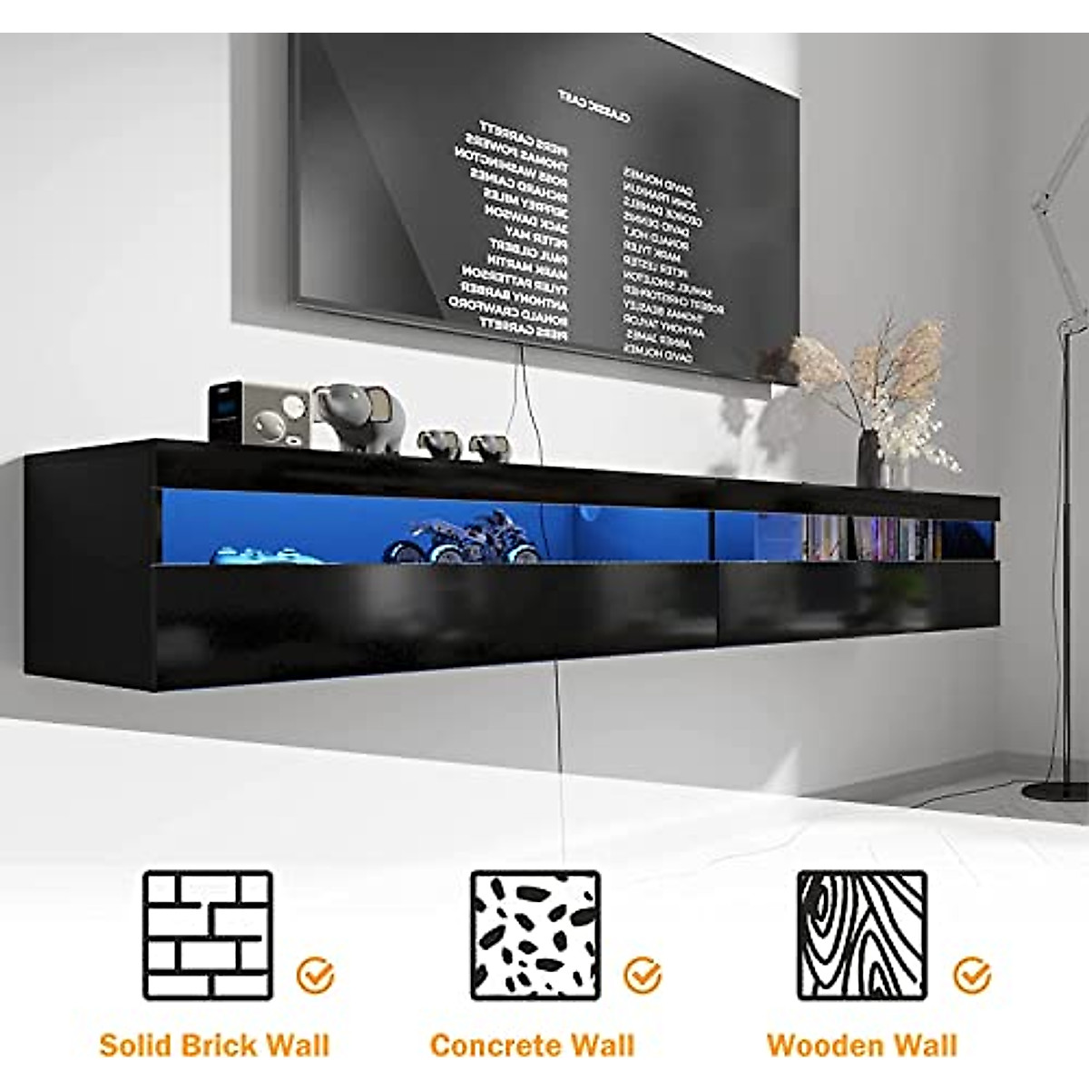 ANTISTA Floating TV Stand Up to 80 Inch TVS, 70'' Floating Entertainment Center with Led Lights, High Gloss Floating TV Shelf for Living Room Bedroom, 29 Scene Modes (Black)