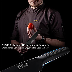 RITSU Chef Knife - 8" Chef's Knife, Black Titanium Coated Blade Japanese Chef Knife for Home Kitchen Restaurant, SUS430 Stainless Steel Handle, Ultra Sharp Kitchen Knife with Sheath