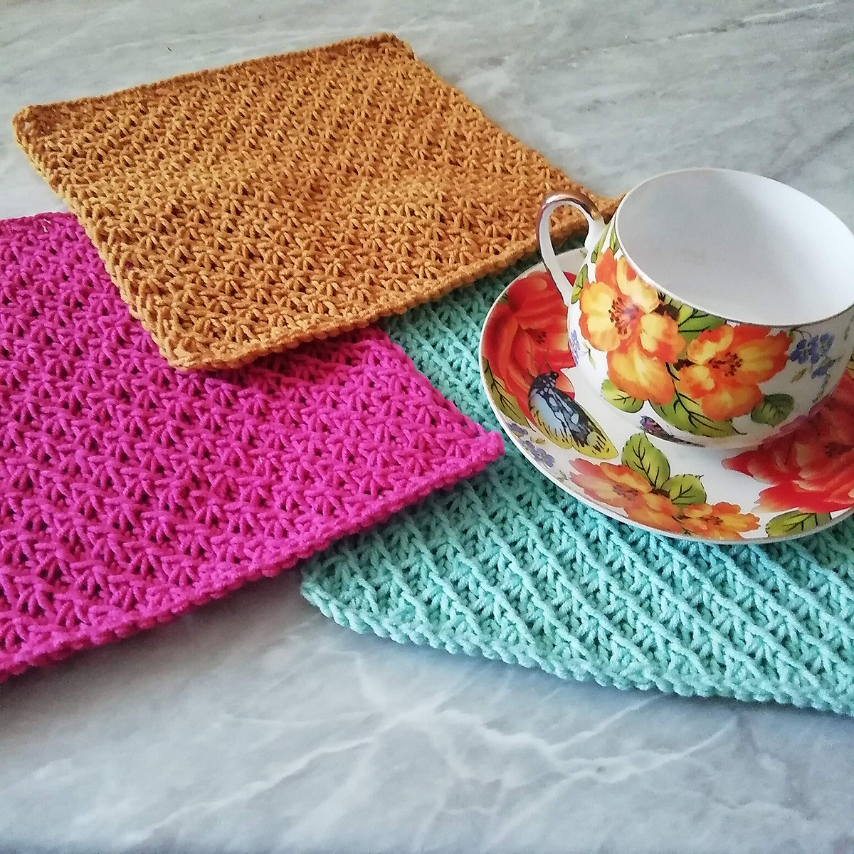 Set 3 Dishcloths Scowing Rag Towels Hand Knitted Cotton Coasters Drink Absorbent Hot Pads Mats Home Kitchen Square Reusable Cleaning Supplies Craft Tools Zero Waste Handmade