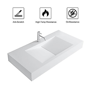 Weibath 35'' Vessel Sink Wall-Mount Bathroom Sink V-Shaped Floating Sink Stone Resin in Matte White